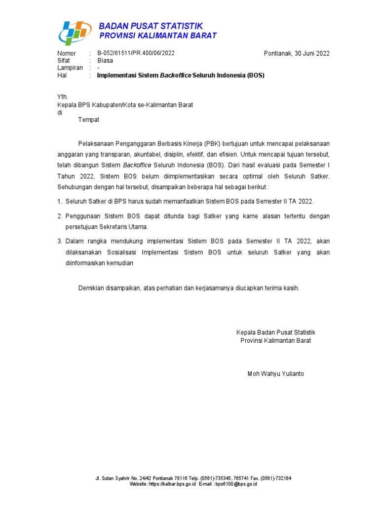Surat Implementasi Sistem BOS | PDF
