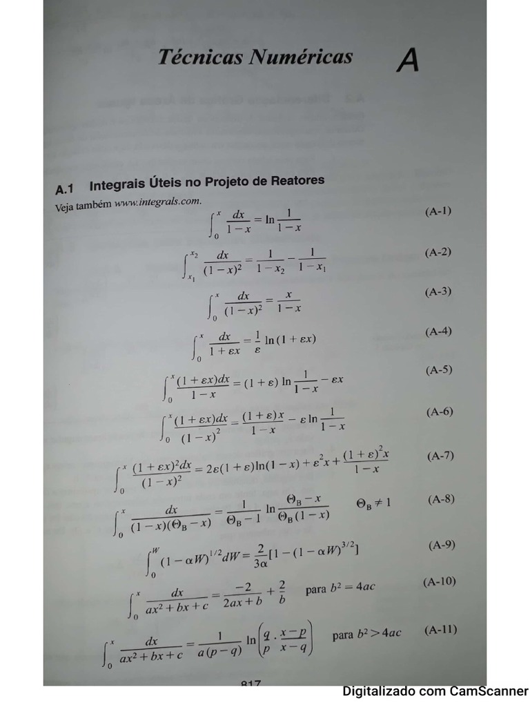 Integrais Tabeladas Apêndice A.1 Fogler | PDF