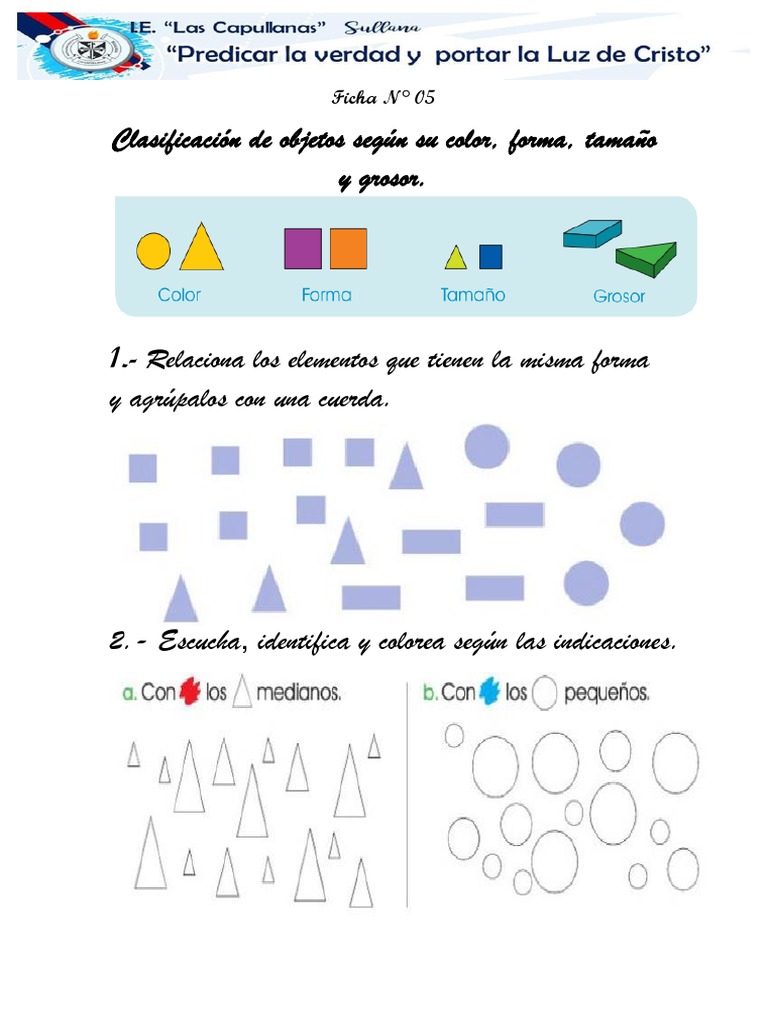 Ficha N°05 Matemática Clasificación de Objetos - Color-Forma-Tamaño y ...