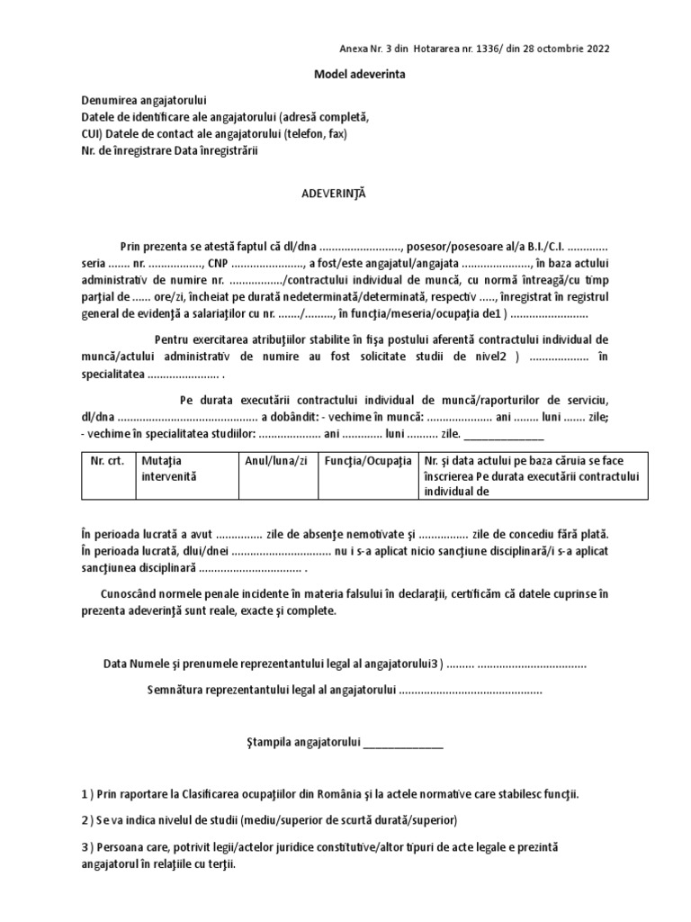 9352-1. Anexa Nr. 3 Din Hotararea Nr. 1336 Model Adeverinta | PDF 9352-1. Anexa Nr. 3 Din Hotararea Nr. 1336 Model Adeverinta | PDF