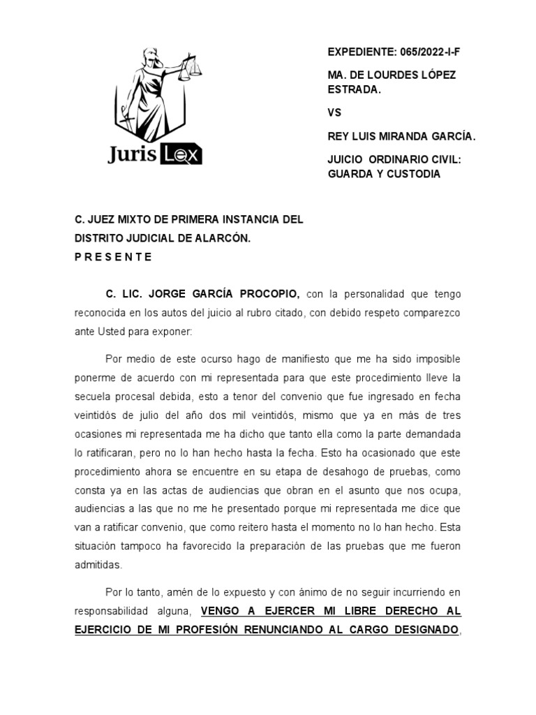 Escrito Renuncia de Cargo Como Abogado | PDF | Justicia | Crimen y ...