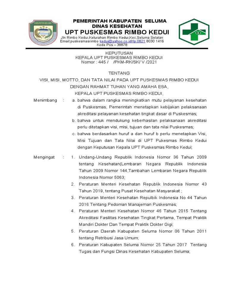 SK Visi, Misi, Tujuan Dan Tata Nilai PKM | PDF