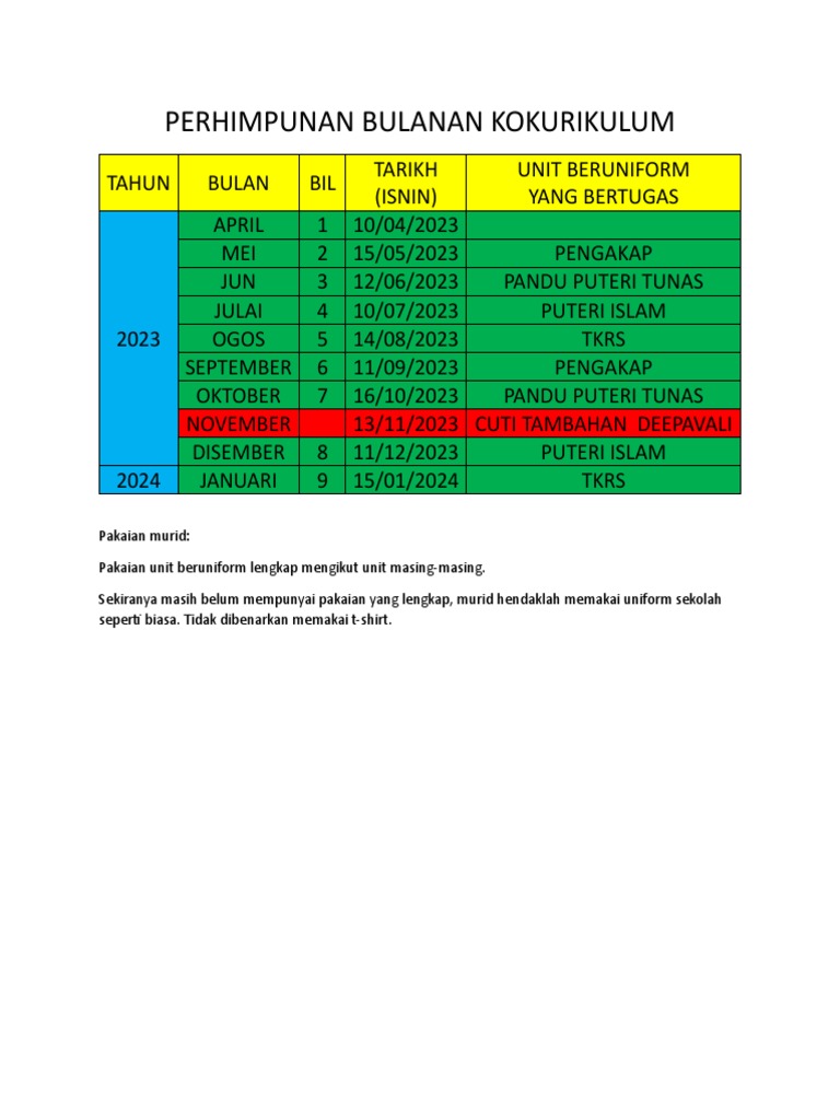 jadual perhimpunan bulanan unit beruniform | PDF