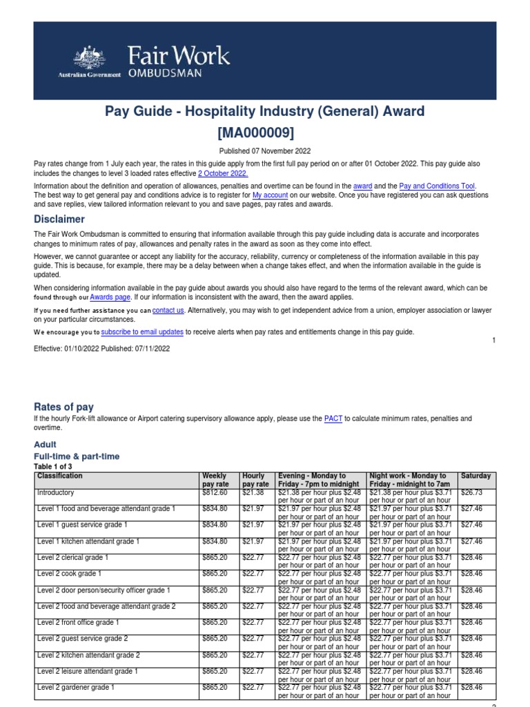 Hospitality Pay Guide 2022-2025 | PDF | Overtime | Annual Leave