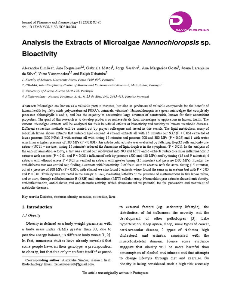 Analysis The Extracts of Microalgae Nannochloropsis Sp. Bioactivity | PDF | Insulin | Hyperglycemia