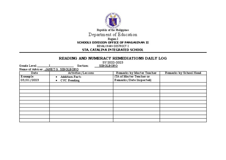 Daily Log for Reading & Numeracy Remediation | PDF