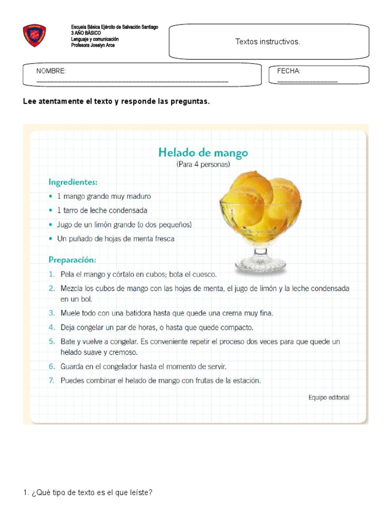 Texto Instruc, Helado de Mango NV MB | PDF | Artes del Lenguaje y ...