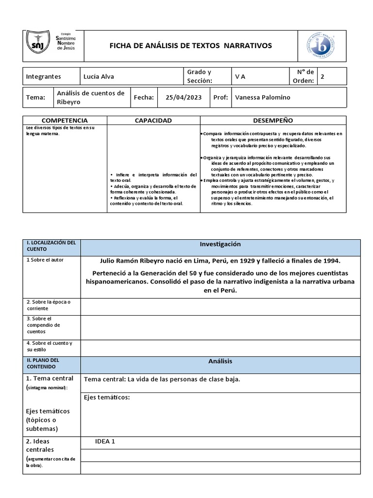 Ficha de Análisis de Textos Narrativos: I. Localización Del Cuento ...