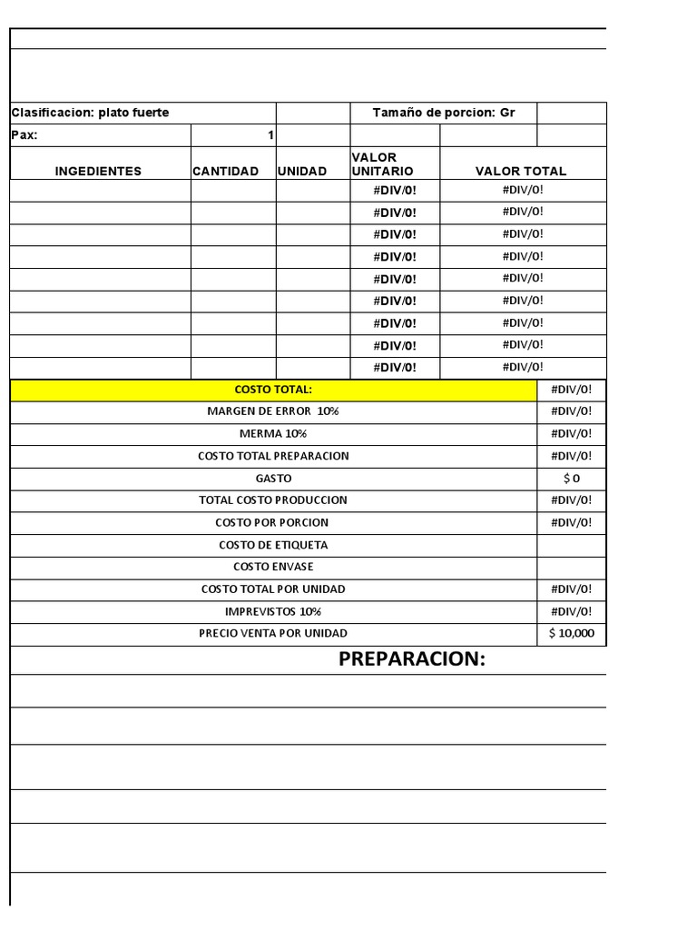 Formato Costeo de Recetas | PDF