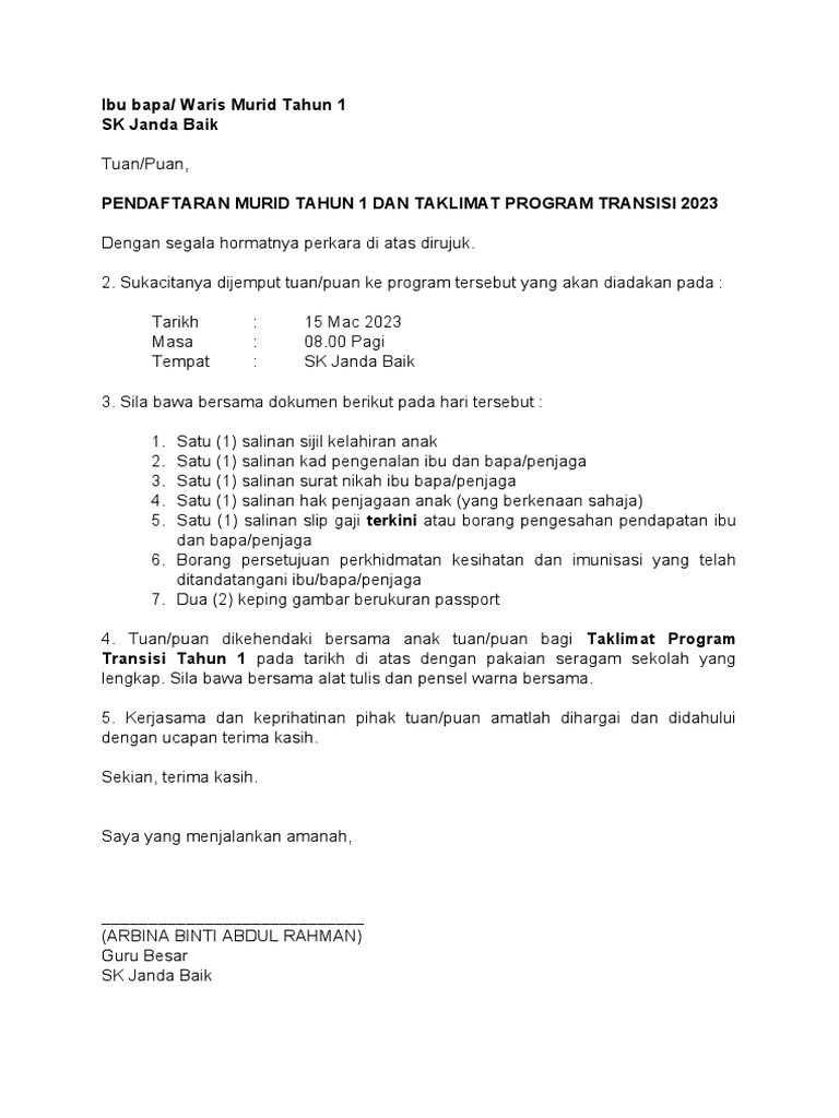 Draf Surat Transisi | PDF