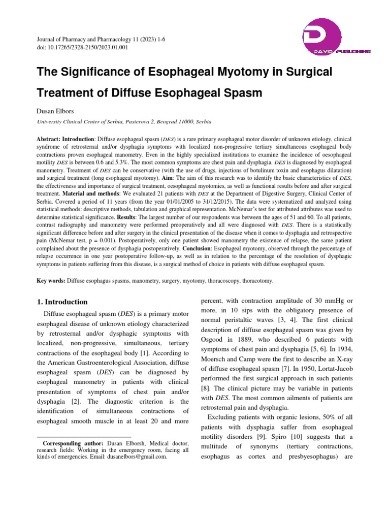 The Significance of Esophageal Myotomy in Surgical Treatment of Diffuse ...