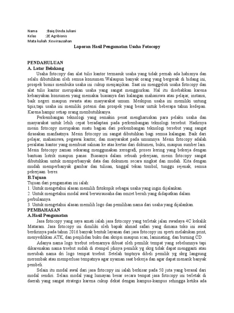 Laporan Hasil Pengamatan Usaha Fotocopy Pendahuluan A. Latar Belakang | PDF | Karier ...