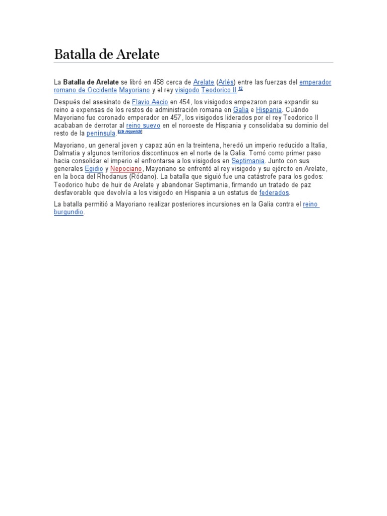 Batalla de Arelate: Mayoriano vs. Teodorico II | PDF
