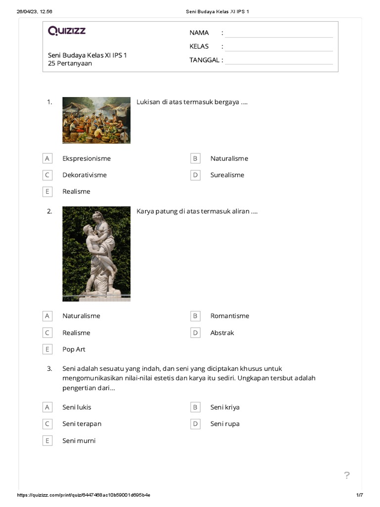 Soal PTS Seni Budaya Kelas XI IPS 1 | PDF