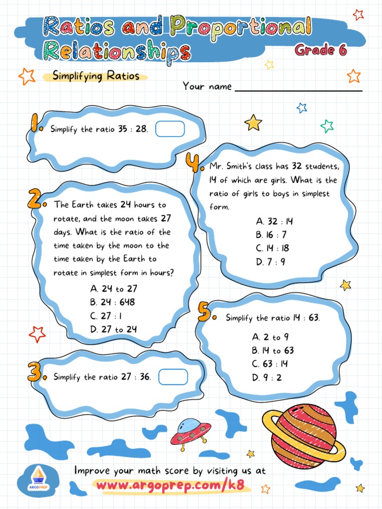 Grade 6 Dreaming of Outer Space and Simplifying Ratios Worksheet Qhwwos ...