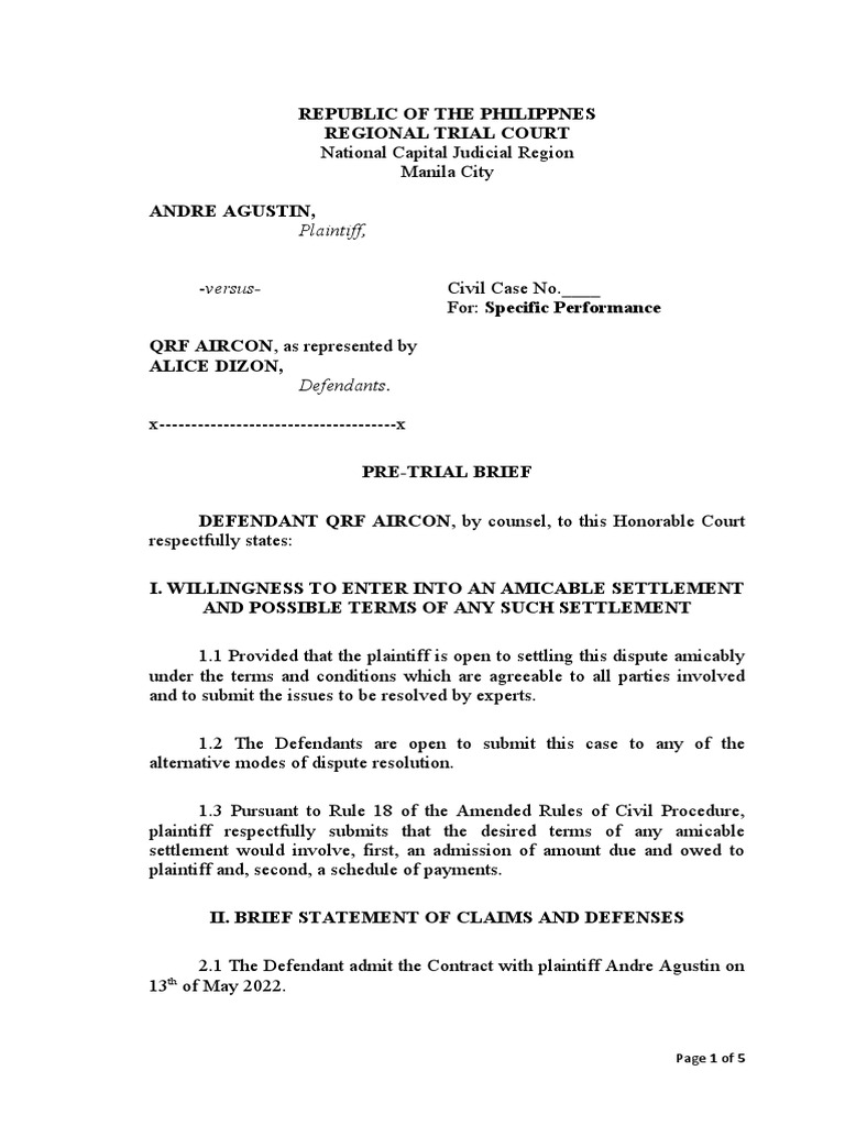 Pre-Trial Brief For The Plaintiff in A Civil Case For Specific ...