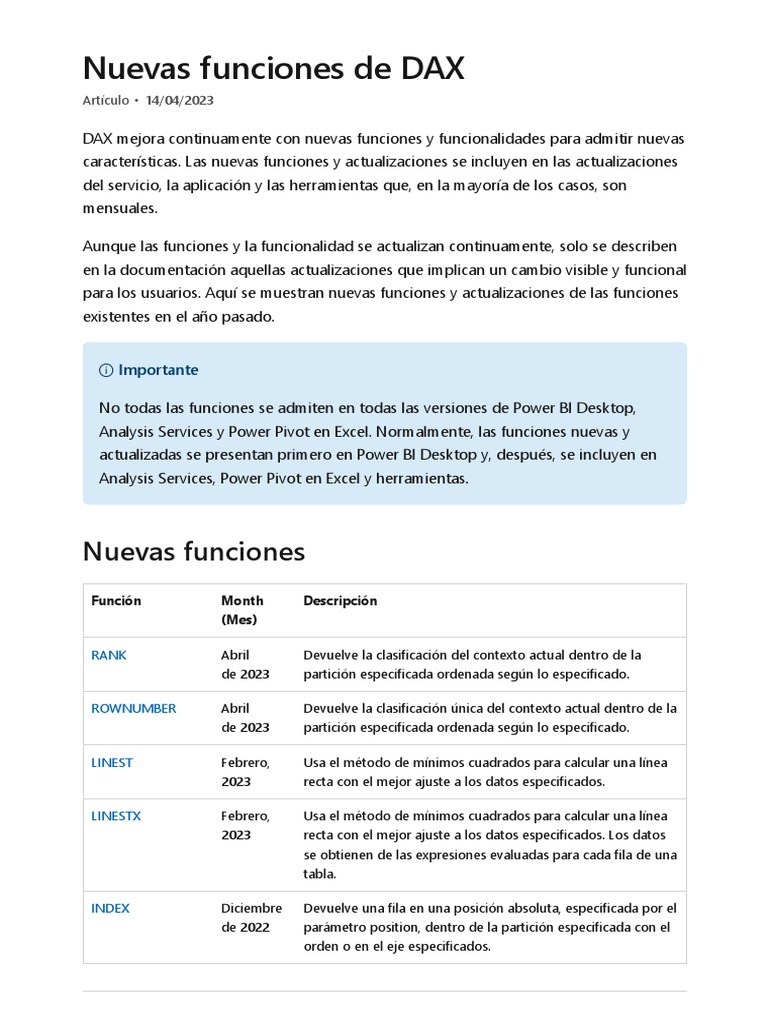 Nuevas Funciones de Power BI Dax | PDF | Microsoft Excel | Informática