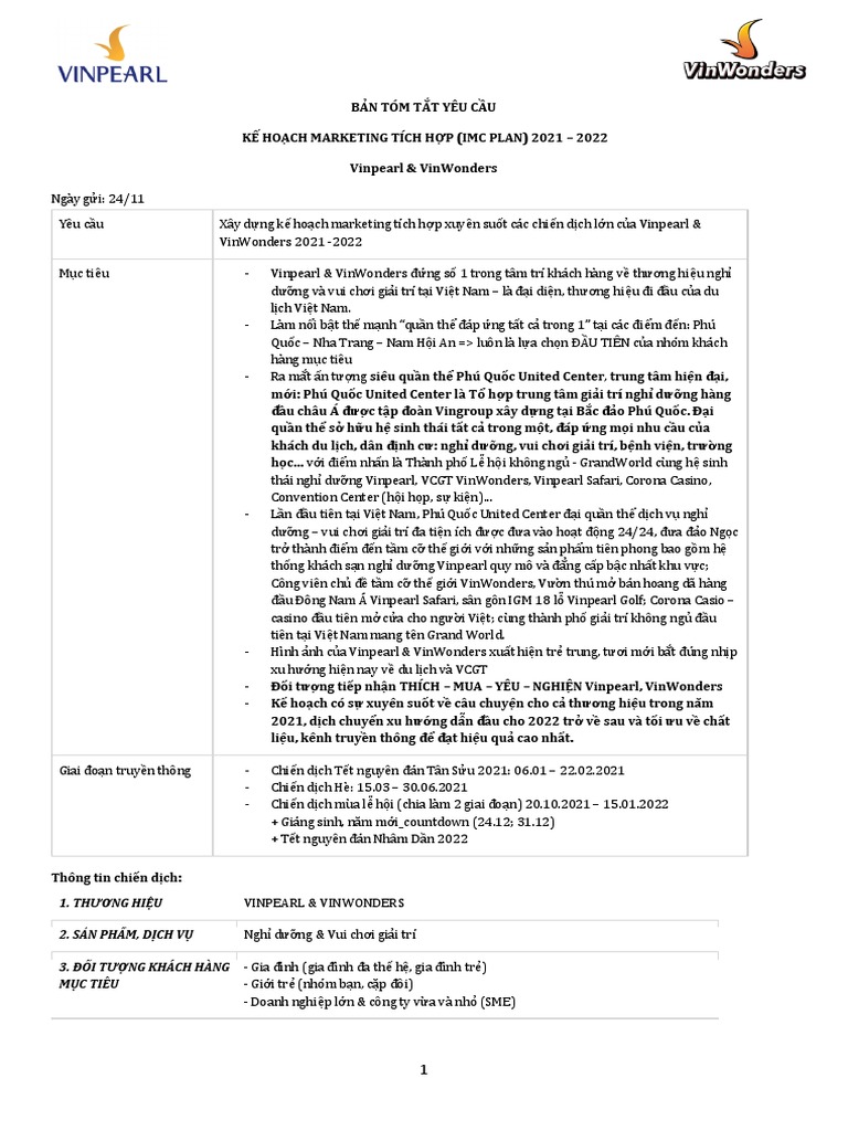 Master Brief Thương Hiệu Vinpearl Vs VinWonders | PDF