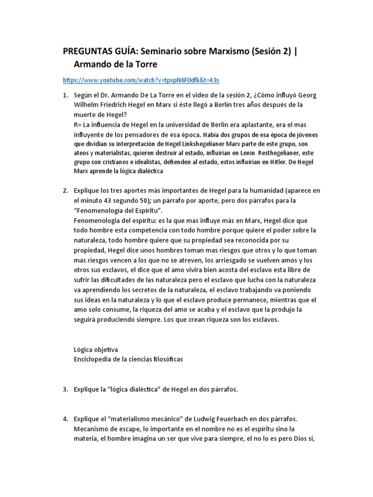 Preguntas Sesión 2 - Dr. Armando de La Torre | PDF | Karl Marx | Georg ...
