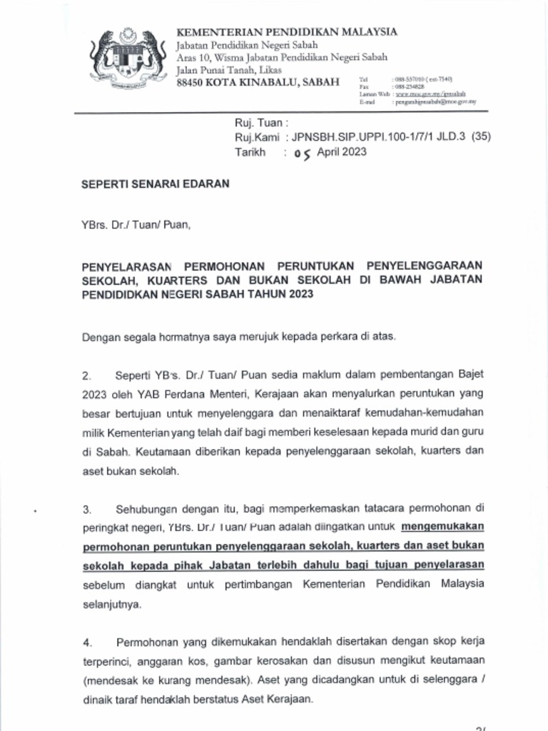 Surat Pemakluman Tatacara Permohonan Peruntukan | PDF