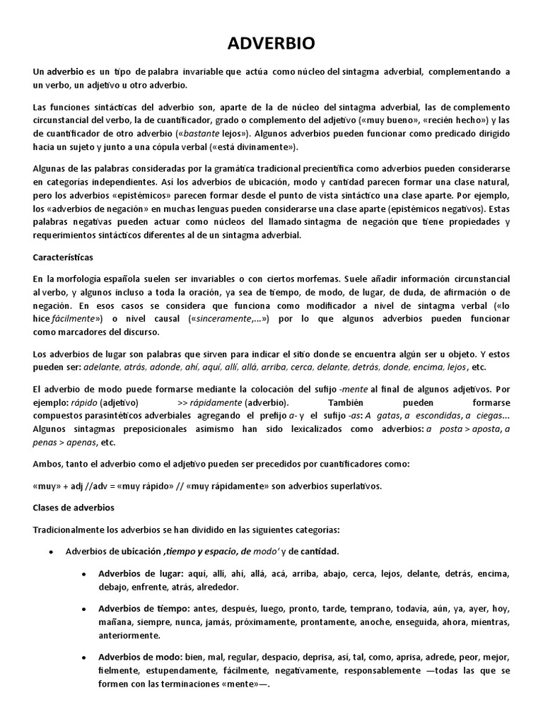 ADVERBIO | PDF | Adverbio | Relaciones sintácticas