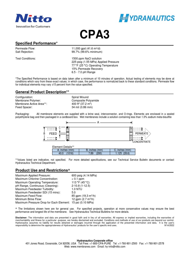 CPA3 Reverse Osmosis Element Product Specification Sheet | PDF | Sodium ...