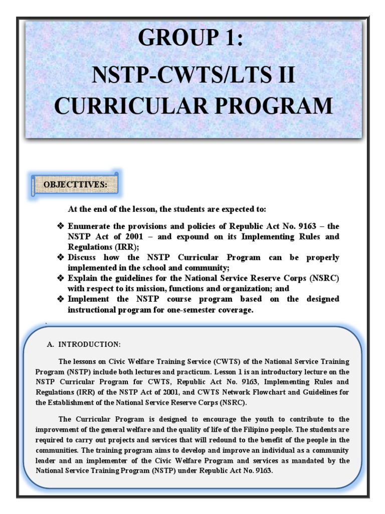 Group 1: Nstp-Cwts/Lts Ii Curricular Program | PDF | Philippines