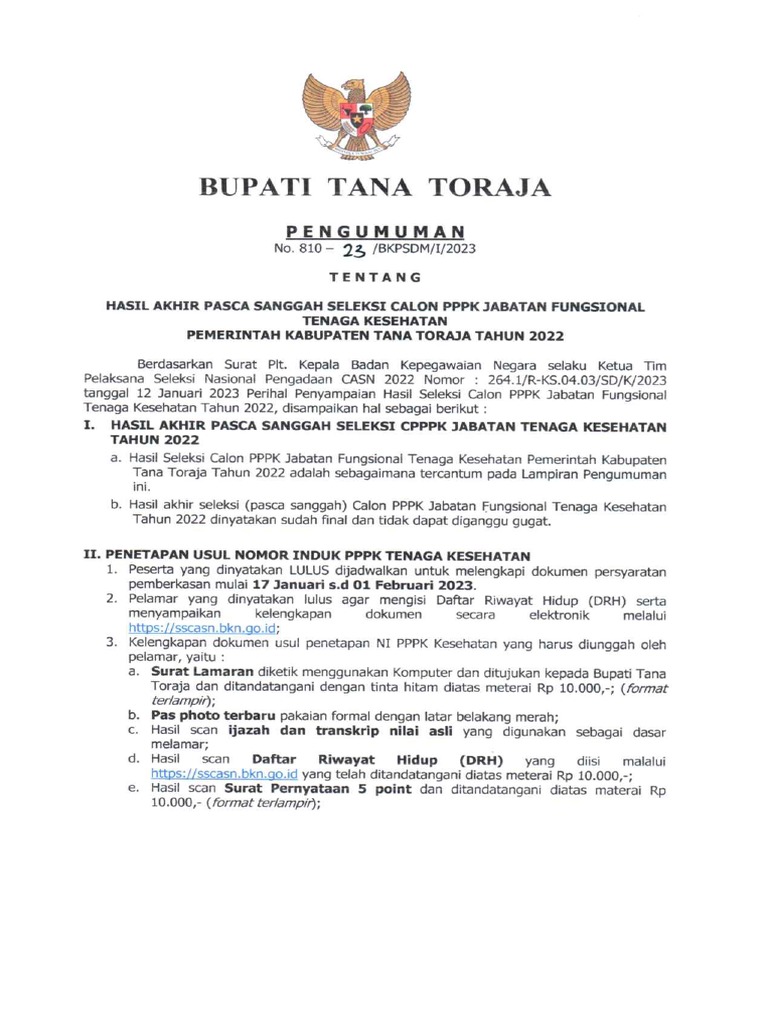 Pengumuman Hasil Akhir Pasca Sanggah Seleksi CPPPK Dan Pemberkasan Penetapan Usul NI PPPK ...