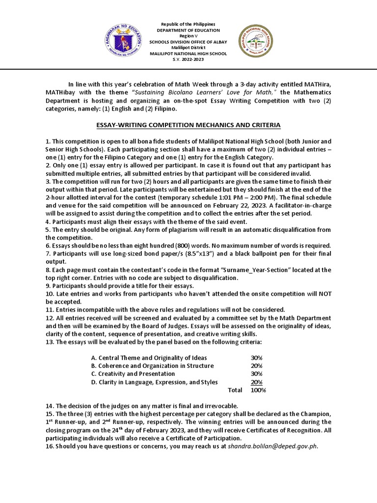 Essay Writing Competition Mechanics and Criteria | PDF