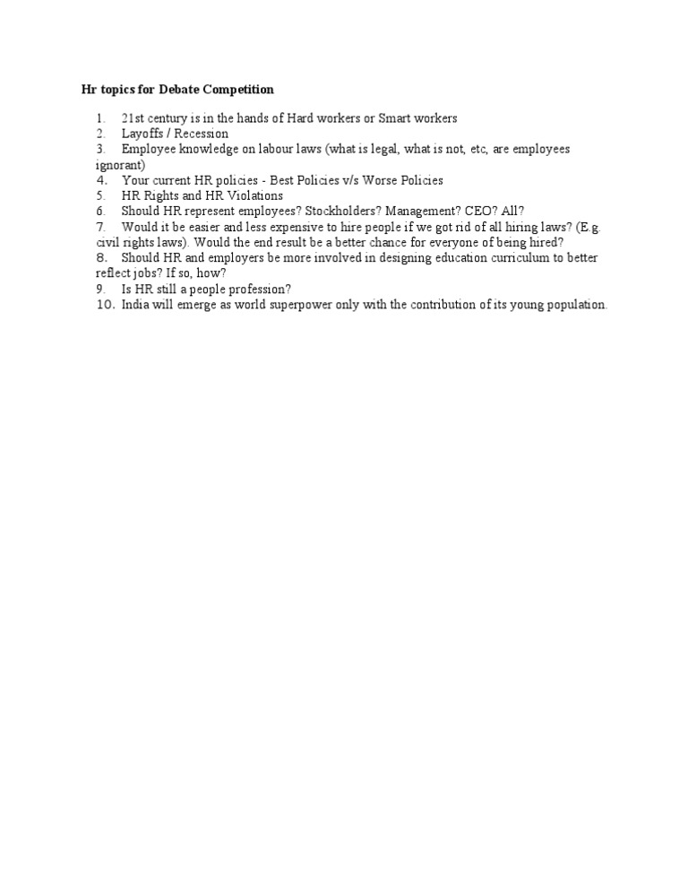 HR Debate Topics for Competition | PDF | Working Conditions | Employment