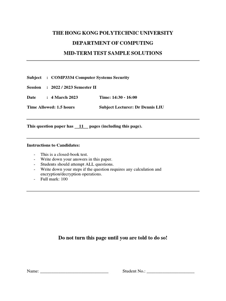 COMP3334 Mid-Term 2223 Sample Solutions | PDF | Encryption | Key (Cryptography)