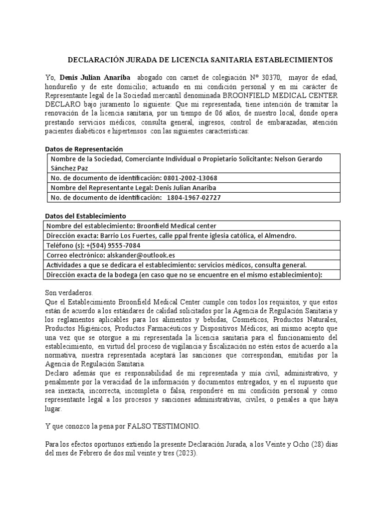 Declaración Jurada Licencia Sanitaria 2023 Final | PDF