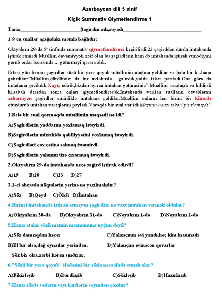 5-Ci Sinif Azərbaycan Dili KSQ 1,2,3,4,5,6 BSQ 1,2 Yeni KSTM | PDF