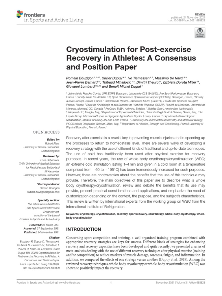 Cryostimulation For Post-Exercise Recovery in Athletes A Consensus and ...