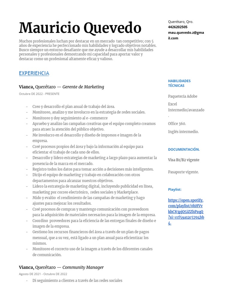 Mauricio Quevedo: Experiencia | PDF | Marketing | Comunicación