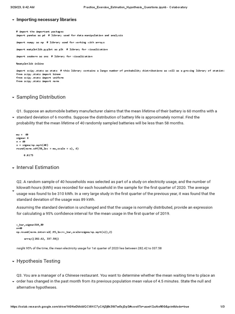 Practice Exercise Estmation Hypothesis Questions - Ipynb - Colaboratory | PDF | P Value ...