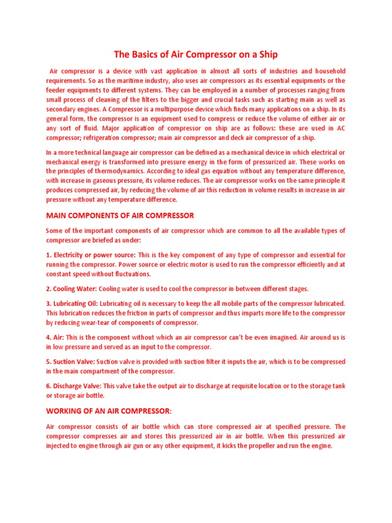 Air Compressor Functions on Ships | PDF | Piston | Engines