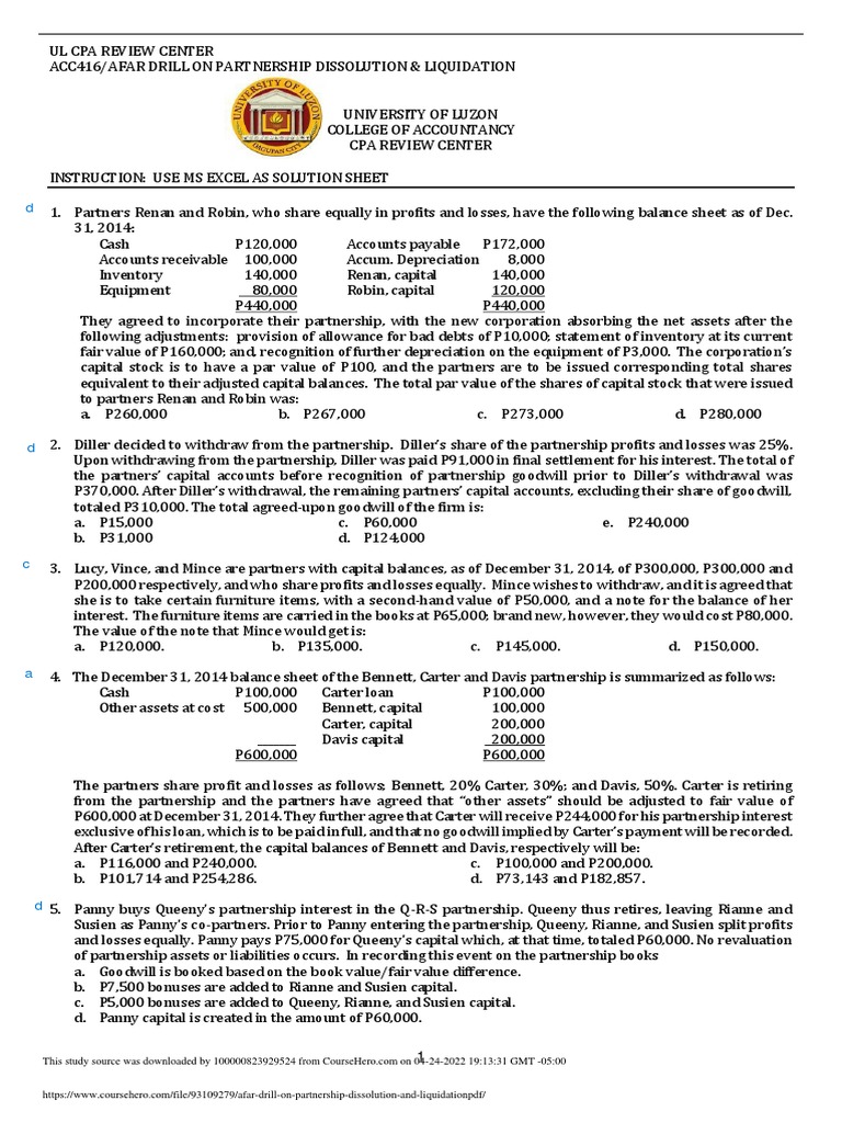 Afar Drill On Partnership Dissolution and Liquidation PDF | PDF | Book Value | Balance Sheet