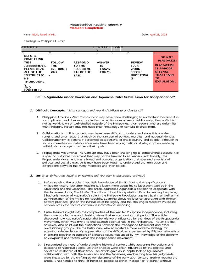 Metacognitive Reading Report Module 2 Completion | PDF