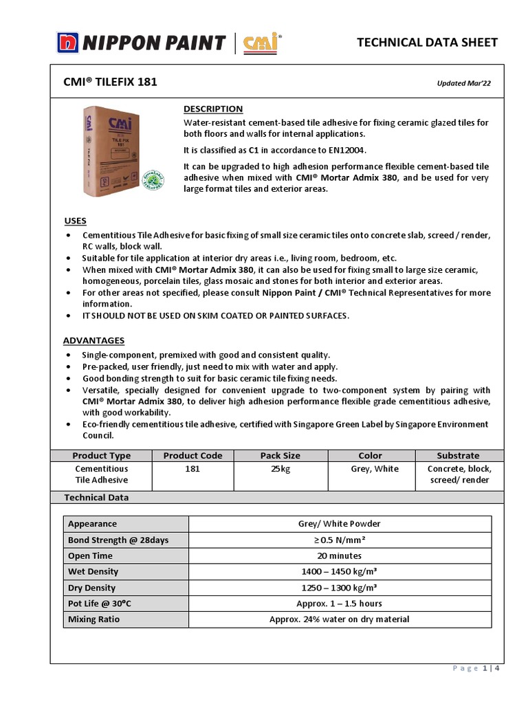 CMI TileFix 181 Adhesive Overview | PDF | Tile | Adhesive