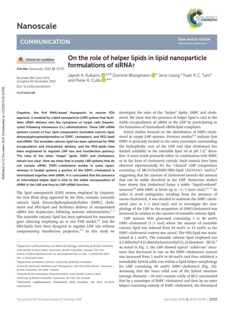 Nanoscale: On The Role of Helper Lipids in Lipid Nanoparticle ...