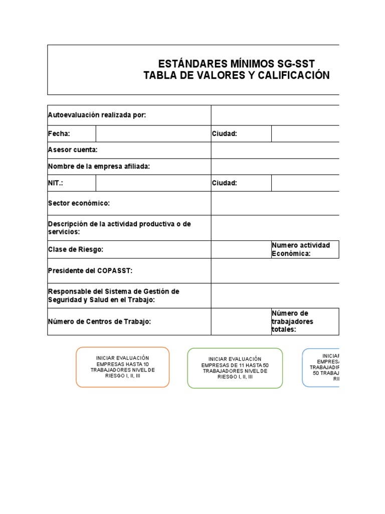 Estándares Mínimos SG-SST Tabla de Valores Y Calificación: Iniciar Evaluación Iniciar Evaluación ...