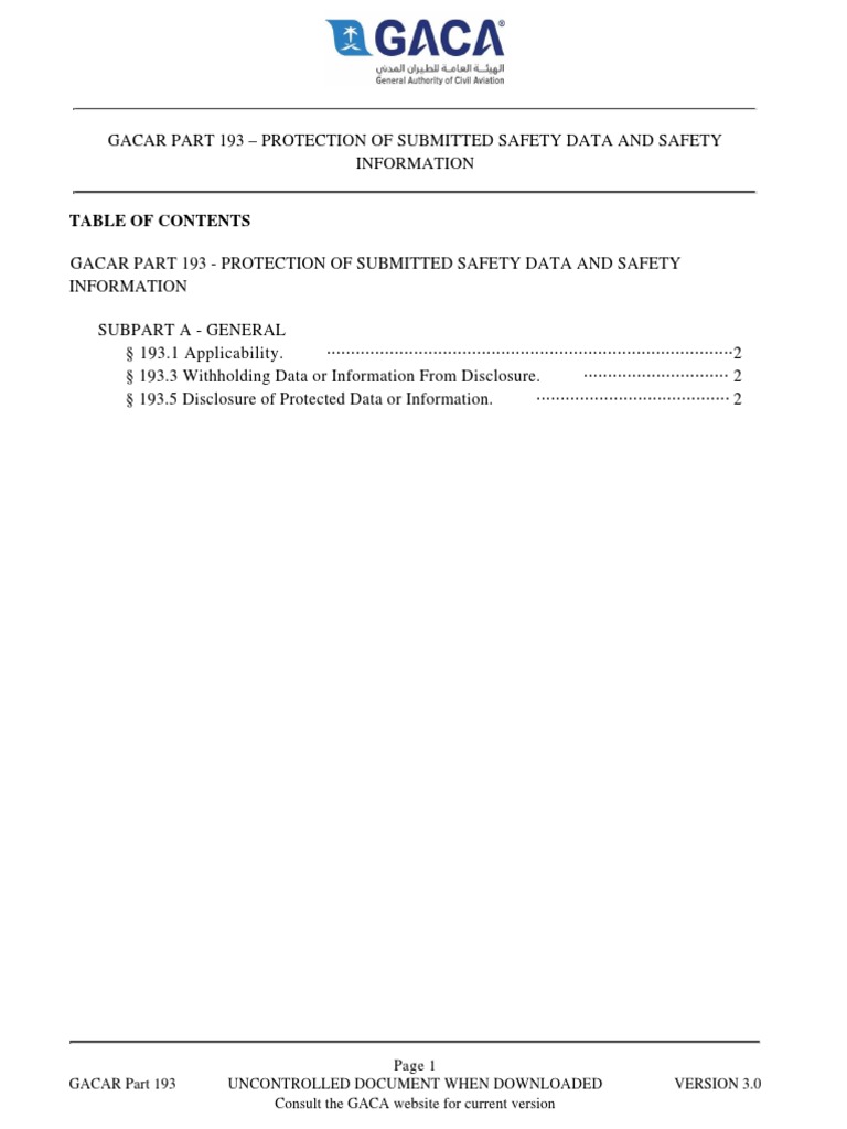 GACAR Part 193 - Protection of Submitted Safety Data & Safety Info ...
