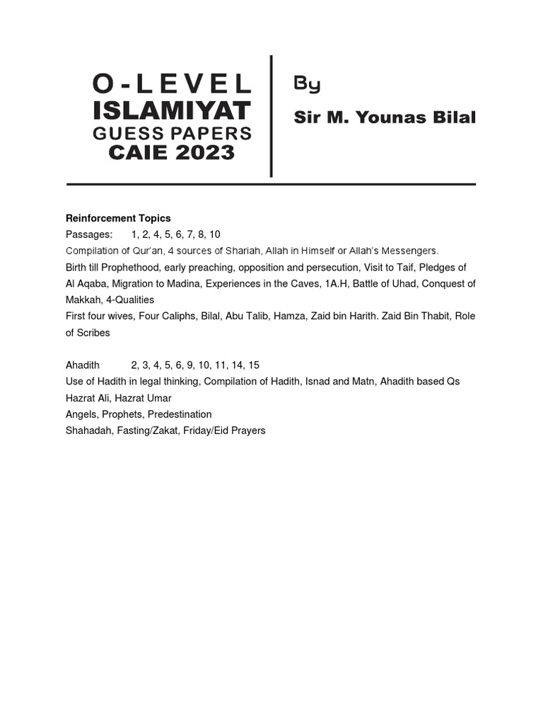 Guess O Level Islamiyat 2023 Updated 1 | PDF | Muhammad | Hadith