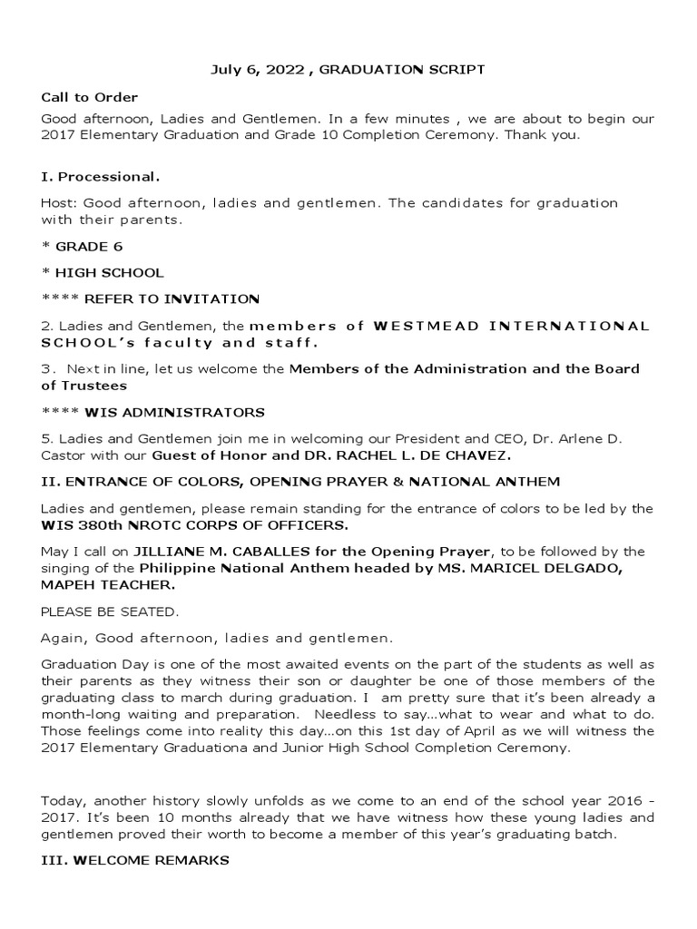 2017 Graduation Ceremony Script | PDF | Foreign Language Studies
