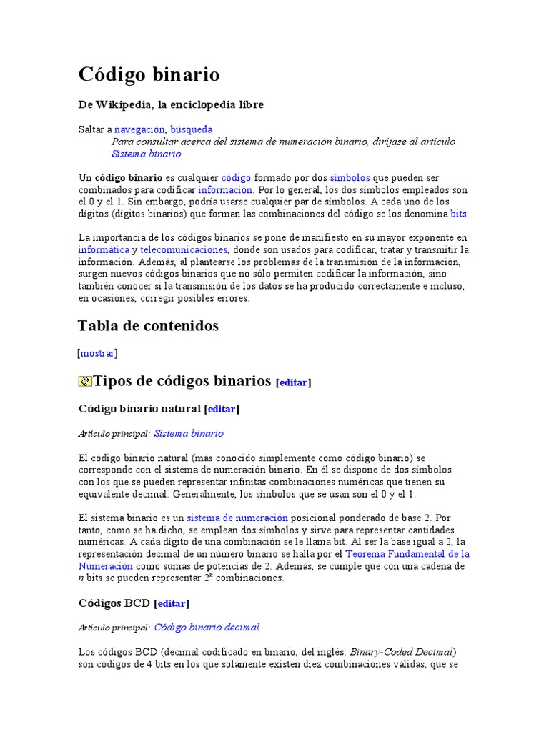 Código Binario: Tabla de Contenidos Tipos de Códigos Binarios | PDF | Decimal codificado en ...
