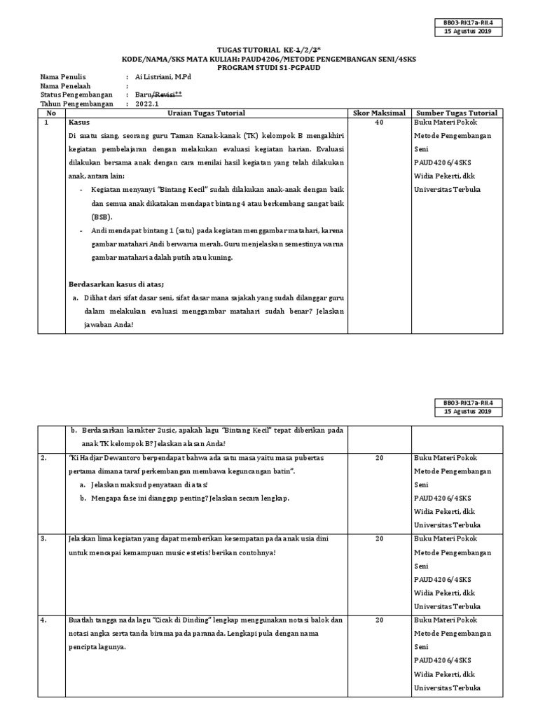 Tugas Tutorial Ke-1/2/3 Kode/Nama/Sks Mata Kuliah: Paud4206/Metode ...