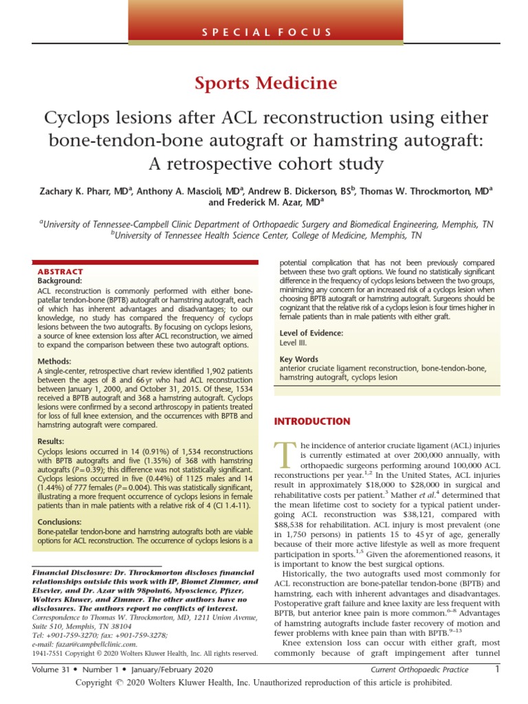Cyclops Lesions After ACL Reconstruction Using Either Bone-Tendon-Bone Autograft or Hamstring ...
