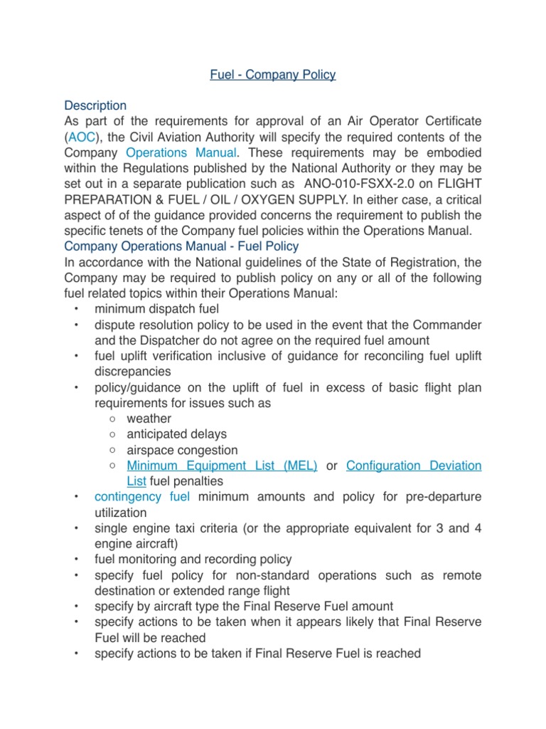 AOC Operations Manual: Fuel - Company Policy Description | PDF ...