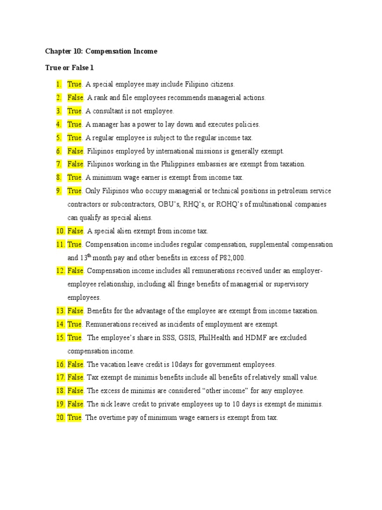 Toaz - Info Chapter 10 Compensation Income True or False 1 PR | PDF | Cost Of Living | Employment